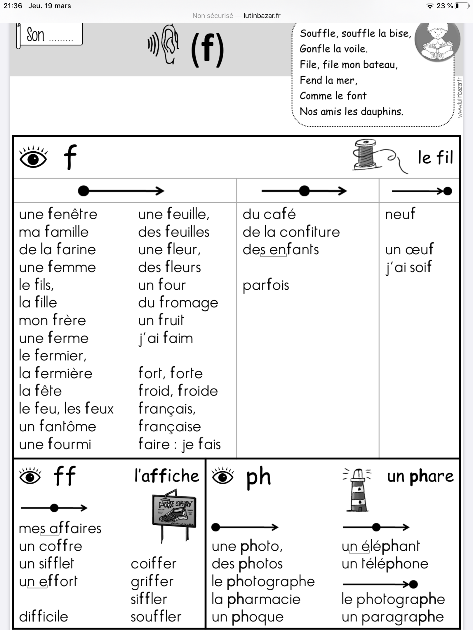 Son (f) texte et mots ce1 | Pôle éducatif du Pré au Coeur
